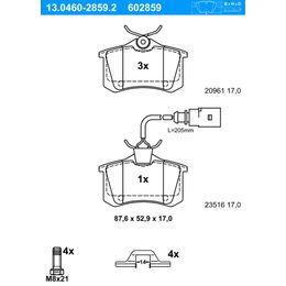 ATE Bremsbelagsatz, Scheibenbremse 13.0460-2859.2 hinten rechts links mit Zubeh&ouml;r f&uuml;r SEAT FORD VAG 1133447 1207519 7M3698451E
