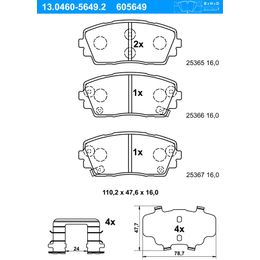 ATE Bremsbelagsatz, Scheibenbremse 13.0460-5649.2 vorne rechts links mit Zubeh&ouml;r f&uuml;r HYUNDAI KIA 58101-1YA40 58101-1YA00 58101-1YA30