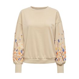 Only Damen Sweatshirt "ONLBROOKE L/S O-NECK FLOWER SWT"pale khaki print:sleeve flower, Gr. L, Sweatware, Obermaterial: 60% Baumwolle, 40% Polyester,