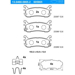 ATE Bremsbelagsatz, Scheibenbremse 13.0460-5865.2 hinten rechts links mit Zubeh&ouml;r f&uuml;r MAZDA NCY5-26-43ZA BCYC-26-43Z N0Y8-26-43ZA