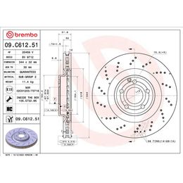Brembo Bremsscheibe 09.C612.51 vorne rechts links Gelocht/innenbel. 344mm f&uuml;r MERCEDES-BENZ 2184210000 A2184210000