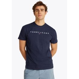 Tommy Jeans Herren T-Shirt "TJM REGULAR LINEAR LOGO EXT", blau, Gr. M, bestickt, unifarben, Single Jersey, Obermaterial: 100% Baumwolle, Shirts,