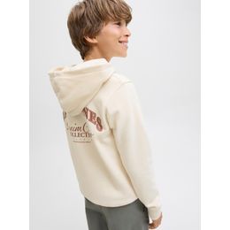 Jack & Jones Jungen Kapuzensweatshirt "JJEBRANDES BACKP RELAXED SWEAT H SN JNR", wei&szlig;, Gr. 140, JACK & JONES JUNIOR, bedruckt, angeraute Sweatware, Obermaterial: