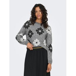 Only Damen Rundhalspullover "ONLFREESIA LS FLOWER O-NECK RP KNT"medium grau melange pattern:flowers, schwarz, cloud dancer, Gr. XS, gemustert,
