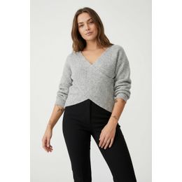 Pieces Damen Wickelpullover "PCSILLY LS REV WRAP KNIT NOOS BC", grau, Gr. M, meliert, unifarben, Strick, Obermaterial: 90% Polyester, 5% Wolle, 5%