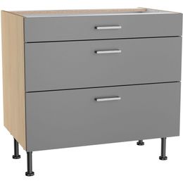 Unterschrank KOCHSTATION "KS-Lucy", basaltgrau, eiche hell, B:90cm H:87cm T:58,1cm, Schr&auml;nke, Unterschrank, Breite 90 cm, 1 Schubkasten, 2 Ausz&uuml;gen, Soft-Close, verstellbare F&uuml;&szlig;e