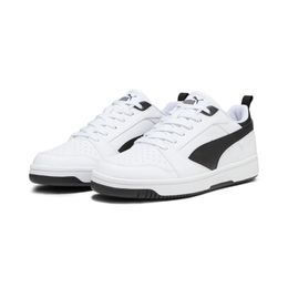Sneaker Puma "REBOUND V6 LOW", Herren, Gr. 42,5, schwarz-wei&szlig; (Puma wei&szlig;, Puma schwarz, Puma schwarz), Synthetik, unifarben, Schuhe Sneaker, niedrig geschnitten, mit Schn&uuml;rverschluss, aus getrommeltem Leder