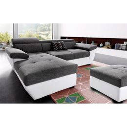 Ecksofa COTTA "Speedway L-Form", wei&szlig;, grau, B:265cm H:79cm T:102cm, Edles Flachgewebe ( 100% Polyester ) / Feine Struktur ( 100% Polyester );Kunstleder SOFTLUX / Luxus-Microfaser ( 100% Polyester );Kunstleder SOFTLUX / Struktur ( 100% Polyester ), Sofas, Ecksofa, mit Kopfteilverstellung, wahlweise mit Bettfunktion & Bettkasten