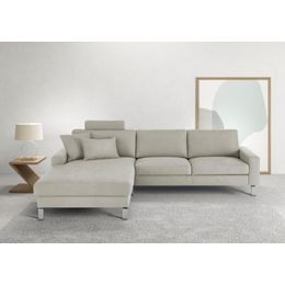Ecksofa 3C CANDY "Lecce, wahlweise PUR-Schaumstoff oder Tonnentaschenfederkern", grau (hellgrau), B:281cm H:86cm T:194cm, 100% Polyester, Sofas, Ecksofa, Bett im 2,5-Sitzer, teilmotorische Schlaffunktion im Longchair, L-Form