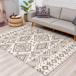 Hochflor-Teppich Carpet City "Pulpy 541" Gr. 36, beige (creme), B:100cm H:30mm L:300cm, Kunstfaser, Teppiche, Hochflor-Teppich, besonders weich, mit Fransen, Ethno Look