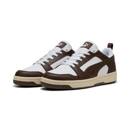 Sneaker Puma "REBOUND V6 LOW", Herren, Gr. 44,5, wei&szlig; (Puma wei&szlig;, chocolate, alpine snow), Synthetik, mehrfarbig, Schuhe Sneaker, niedrig geschnitten, mit Schn&uuml;rverschluss, aus getrommeltem Leder