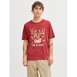 Jack & Jones Rundhalsshirt JACK & JONES "JJCHRISTMAS TEE SS CREW NECK XMAS", Herren, Gr. L, brick rot, Jersey, Obermaterial: 100% Baumwolle, bedruckt, regular fit normal, Rundhals, Shirts Rundhalsshirt, mit weihnachtlichem Druck