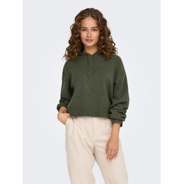 Jacqueline de Yong Kapuzenpullover JDY "JDYRUE LIFE L/S SHORT HOOD PUL KNT NOOS", Damen, Gr. S, gr&uuml;n (kalamata detail:melange), Strick, Obermaterial: 51% Polyester, 46% Polyacryl, 3% Elasthan, meliert, unifarben, taillenbedeckt, Rundhals, Pullover Kapuzenpullover, Materialmix