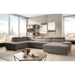 Sit & More Wohnlandschaft SIT & MORE "Valantine U-Form, B: 349 cm", grau (stone), B:349cm H:73cm T:226cm, 100% Polyester, Sofas, Wohnlandschaft, mit Arm- & Kopfteilverstellung, optional mit Bettfunktion
