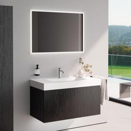neoro n50 stripes Unterschrank B: 100 cm mit 1 Auszug, eiche schwarz profiliert, mit Spiegel, Waschtisch area, BN0154WM+BN0488BBO+BN0004MI,