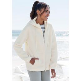 Fleecejacke ELBSAND, Damen, Gr. 44, beige (creme), Fleece, Obermaterial: 100% Polyester, unifarben, gerade h&uuml;ftlang, B&uuml;ndchen, Jacken Fleecejacke, &Uuml;bergangsjacke aus Teddy-Fleece mit verstellbarer Kapuze, Topseller