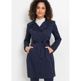 Trenchcoat bonprix, Damen, Gr. 50, dunkelblau, Web, Obermaterial: 97% Baumwolle, 3% Elasthan. Futter: 100% Polyester, unifarben, A-Linie ca. Mitte Oberschenkel, angesetztes B&uuml;ndchen, M&auml;ntel Trenchcoat, mit abnehmbarem Bindeg&uuml;rtel, 2-Reiher, Topseller