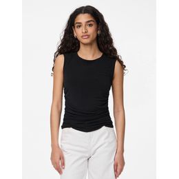 Shirttop Pieces "PCMADISON SL RUCHING TOP NOOS BC", Damen, Gr. M, schwarz, Jersey, Obermaterial: 95% Polyester, 5% Elasthan, unifarben, slim fit normal, Rundhals, Tops Shirttop