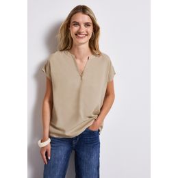Kurzarmbluse Street One, Damen, Gr. 38, beige (coastal beige), Web, Obermaterial: 100% Viskose, unifarben, l&auml;ssig geschnitten h&uuml;ftbedeckend, Rundhals, Blusen Kurzarmbluse, Split Neck