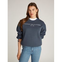 Sweatshirt Tommy Hilfiger "MDRN REG CORP LOGO C-NK SWTSHRT", Damen, Gr. XS (34), blau (military denim), Sweatware, Obermaterial: 63% Baumwolle, 37% Polyester, unifarben, regular fit h&uuml;ftlang, Rundhals, Rippb&uuml;ndchen, Sweatshirts Sweatshirt, mit Logoschriftzug