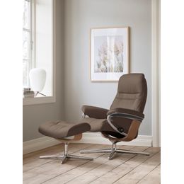Relaxsessel stressless "Sunrise", braun (mole batick), B:83cm H:105cm T:74cm, Leder BATICK: BATICK ist ein leicht korrigiertes, durchgef&auml;rbtes und genarbtes M&ouml;belleder, bei dem die meisten Unebenheiten und Spuren in der Regel entfernt wurden., Sessel, Relaxsessel, mit Hocker, mit Cross Base, Gr&ouml;&szlig;e S, M & L, Holzakzent Eiche