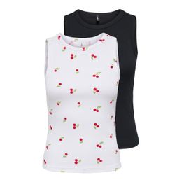 Shirttop Only "ONLSALLY TANK TOP 2 PACK AOP CS JRS", Damen, Gr. M, schwarz pack:wei&szlig; with cherry, Jersey, Obermaterial: 95% Baumwolle, 5% Elasthan, bedruckt, unifarben, slim fit normal, Rundhals, Tops Shirttop