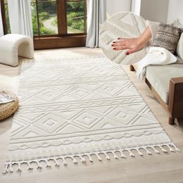 Teppich OTTO HOME "Bonvo" Gr. 3, beige (creme), B:120cm H:19mm L:180cm, Kunstfaser, Teppiche, Teppich, mit Fransen, Hoch-Tief-Struktur, Wohnzimmer, Schlafzimmer, Boho-Style