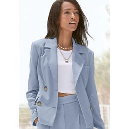 Kurzblazer Lascana, Damen, Gr. 46, blau (hellblau), Web, Obermaterial: 64% Polyester, 32% Viskose, 4% Elasthan. Futter: 100% Polyester, unifarben, figurbetont h&uuml;ftlang, Blazer Kurzblazer, mit doppelreihigem Knopfverschluss, Damenblazer, sportlich-elegant