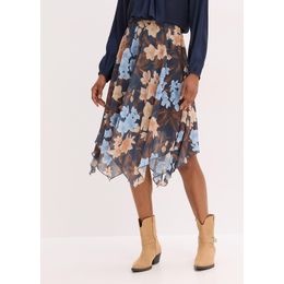 bonprix Chiffon-Midirock mit asymmetrischem Saum, blau, Gr.52, floral bedruckter Chiffon-Midirock mit asymmetrischem Saum und Gummibund