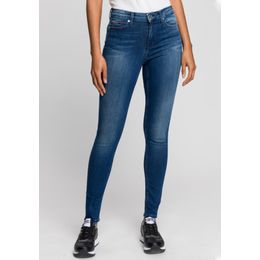 Skinny-fit-Jeans Tommy Jeans "Nora Mid Rise Skinny Fit", Damen, Gr. 24, L&auml;nge 32, blau (new niceville mid blau art.:), Denim/Jeans, Obermaterial: 90% Baumwolle, 8% Elastomultiester, 2% Elasthan, unifarben, skinny fit, Jeans Skinny-fit-Jeans, mit Tommy Jeans Logo-Badge & Stickereien