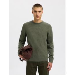 Rundhalspullover Selected "SLHROSS LS KNIT STRUCTURE CREW NECK NOOS", Herren, Gr. S, deep forest detail:vetiver twist, Strick, Obermaterial: 100% Baumwolle, unifarben, regular fit normal, Rundhals, Rippb&uuml;ndchen, Pullover Rundhalspullover, Baumwolle, regular fit