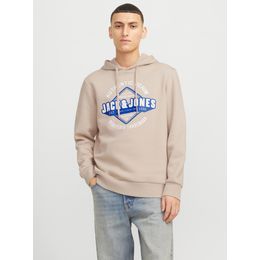 Jack & Jones Kapuzensweatshirt JACK & JONES "JJELOGO SWEAT HOOD 2 COL 24/25 NOOS", Herren, Gr. S, gelb (moonbeam), angeraute Sweatware, Obermaterial: 70% Baumwolle, 30% Polyester, bedruckt, regular fit taillenbedeckt, ohne Ausschnitt, Rippb&uuml;ndchen, Sweatshirts Kapuzensweatshirt, mit Logo Print