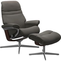 Relaxsessel stressless "Sunrise", grau (metal grau paloma), B:83cm H:105cm T:74cm, Leder PALOMA: PALOMA ist ein durchgef&auml;rbtes Semianilin-M&ouml;belleder mit nat&uuml;rlicher Narbung., Sessel, Relaxsessel, mit Hocker, mit Cross Base, Gr&ouml;&szlig;e S, M & L, Holzakzent Braun