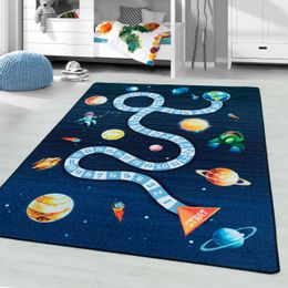 Kinderteppich Ayyildiz Teppiche "PLAY 2910", blau (navy), B:100cm H:6mm L:150cm, Polyamid, Teppiche, Kinderteppich, robuster Kurzflor, Weltall, Zahlen Spiele H&uuml;pf Teppich, Kinderzimmer