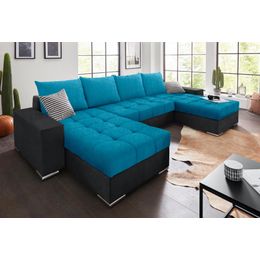 Wohnlandschaft Collection AB "Josy XL U-Form, Breite: 313 cm", blau (anthrazit, blau), B:313cm H:84cm T:161cm, 100% Polyester, Sofas, Wohnlandschaft, mit Bettfunktion, Bettkasten & 2 Zierkissen, Federkern