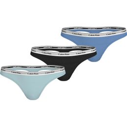 Tanga "3 PACK THONG (LOW-RISE)", Damen, Gr. XL (42), 3 Stk., schwarz (sterling blau, schwarz, glacier), Jersey, Obermaterial: 90% Baumwolle, 10% Elasthan, Calvin Klein Underwear, k&ouml;rpernah, Unterhosen Tanga, String low waist mit Logobund