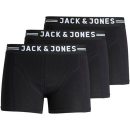 Jack & Jones Boxer JACK & JONES "Sense Trunks", Herren, Gr. M, 3 Stk., schwarz (schwarz, schwarz, schwarz), Jersey, Obermaterial: 95% Baumwolle, 5% Elasthan, unifarben mit Farbeinsatz, k&ouml;rpernah, Unterhosen Boxer, Baumwollmischung, elastisches B&uuml;ndchen