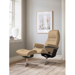 Relaxsessel stressless "Sunrise", beige (sand paloma), B:92cm H:105cm T:80cm, Leder PALOMA: PALOMA ist ein durchgef&auml;rbtes Semianilin-M&ouml;belleder mit nat&uuml;rlicher Narbung., Sessel, Relaxsessel, mit Hocker, mit Cross Base, Gr&ouml;&szlig;e S, M & L, Holzakzent Schwarz