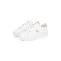 Plateausneaker Tommy Hilfiger "PLATFORM COURT SNEAKER METALLICS", Damen, Gr. 41, wei&szlig;, Leder, Schuhe Plateausneaker, Freizeitschuh, Halbschuh, Schn&uuml;rschuh mit TH-Logo