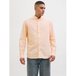 Jack & Jones Langarmhemd JACK & JONES "JJESUMMER BAND SHIRT LS SN", Herren, Gr. L, N-Gr, orange (peach parfait), Web, Obermaterial: 83% Baumwolle, 17% Leinen, unifarben, comfort fit taillenbedeckt, ohne Ausschnitt, Manschette, Hemden Langarmhemd, mit Bandkragen