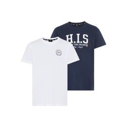 H.I.S. T-Shirt H.I.S "2er Pack T-Shirts mit Logodrucken f&uuml;r Jungen", Jungen, Gr. 176/182, marine, wei&szlig;, Single Jersey, Obermaterial: 100% Baumwolle, bedruckt, Basic, Rundhals, Shirts T-Shirt, Basic Schnitt, kurze &Auml;rmel, bedruckte Optik, Logodrucke