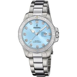Quarzuhr Festina "Boyfriend Collection", silber (silberfarben, hellblau), Armbanduhren, Damen, Quarzuhr, Armbanduhr, Damenuhr, Edelstahlarmband, bis 10 bar wasserdicht, Datum