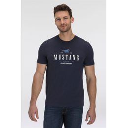 T-Shirt Mustang "Style Alex C Print", Herren, Gr. M (48/50), blau (mood indigo), Jersey, Obermaterial: 100% Baumwolle, regular fit, Rundhals, Shirts T-Shirt