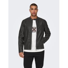 Only & Sons Bikerjacke ONLY & SONS "MIKE PU RACER JACKET", Herren, Gr. XL, schwarz (schwarz detail:washed), Web, Obermaterial: 100% Polyester, unifarben, regular fit, Jacken Bikerjacke
