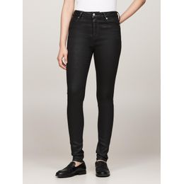 Skinny-fit-Jeans Tommy Hilfiger "HARLEM U SKINNY HW CAL", Damen, Gr. 30, L&auml;nge 28, schwarz (schwarz coated), Denim/Jeans, Obermaterial: 78% Baumwolle, 12% Lyocell, 7% Elastomultiester, 3% Elasthan, skinny fit, Jeans Skinny-fit-Jeans, mit Tommy Hilfiger Logo-Badge