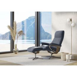 Relaxsessel stressless "View", blau (sparrow blau paloma), B:91cm H:110cm T:85cm, Leder PALOMA: PALOMA ist ein durchgef&auml;rbtes Semianilin-M&ouml;belleder mit nat&uuml;rlicher Narbung., Sessel, Relaxsessel, mit Hocker, mit Cross Base, Gr&ouml;&szlig;e S, M & L, Holzakzent Eiche