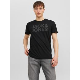 Jack & Jones Rundhalsshirt JACK & JONES "JJECORP mit Logo-Print und klassischem Rundhals", Damen, Gr. M, schwarz (schwarz fit:slim, large print, schwarz), Single Jersey, Obermaterial: 100% Baumwolle, bedruckt, regular fit normal, Rundhals, Shirts Rundhalsshirt, Baumwolle, regular fit