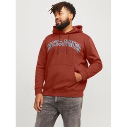 Jack & Jones PlusSize Hoodie "JJECALEB VARSITY SWEAT HOOD NOOS PLS", Herren, Gr. 6XL, rot (burnt henna), Sweatware, Obermaterial: 70% Baumwolle, 30% Polyester, JACK & JONES PLUSSIZE, bedruckt, relaxed fit normal, Rippb&uuml;ndchen, Sweatshirts Hoodie