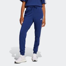 Sporthose adidas Sportswear "ESSENTIALS 3-STREIFEN", Damen, Gr. M, N-Gr, blau (dunkelblau, wei&szlig;, normal, gr.), Obermaterial: 93% Baumwolle, 7% Elasthan, Hosen Sporthose, L&auml;ssig geschnitten, hoher Bund, schmal zulaufende Beinform