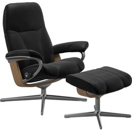 Relaxsessel stressless "Consul", schwarz (schwarz batick), B:91cm H:102cm T:79cm, Leder BATICK: BATICK ist ein leicht korrigiertes, durchgef&auml;rbtes und genarbtes M&ouml;belleder, bei dem die meisten Unebenheiten und Spuren in der Regel entfernt wurden., Sessel, Relaxsessel, mit Hocker, mit Cross Base, Gr&ouml;&szlig;e S, M & L, Holzakzent Eiche